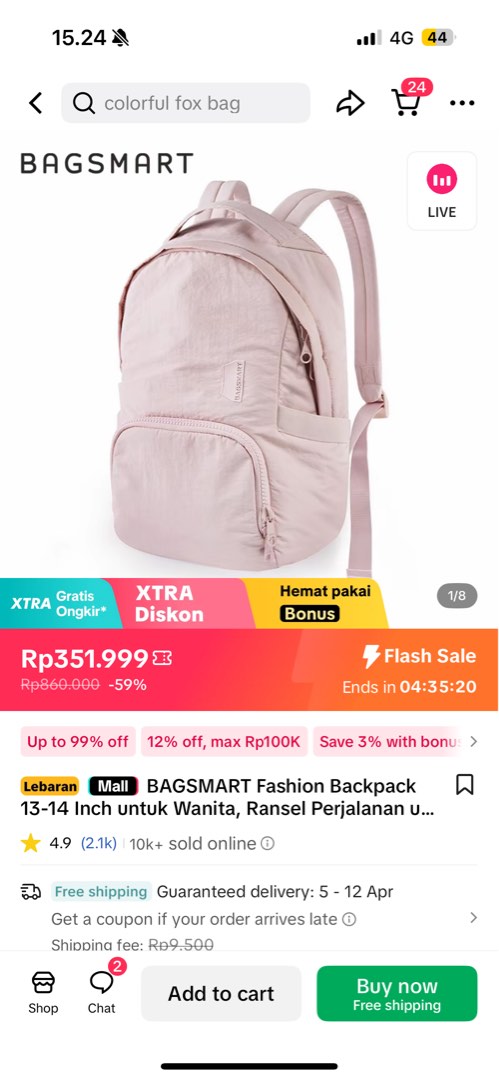 Bagsmart pink backpack, Fesyen Wanita, Tas & Dompet di Carousell