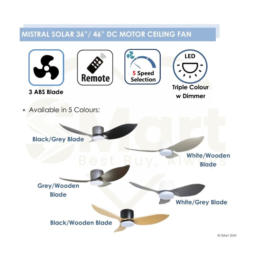 Mistral Solar DC Motor Ceiling Fan with 3 Tone Dimmer LED Light Kit and ...