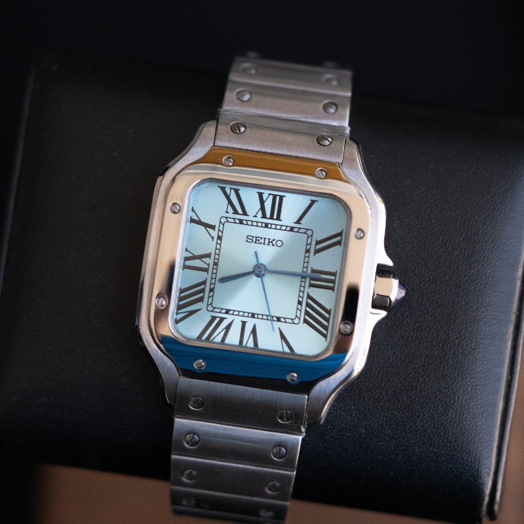 [MOD] SEIKO MOD Cartier Santos Light Blue 38mm, Men's Fashion, Watches ...