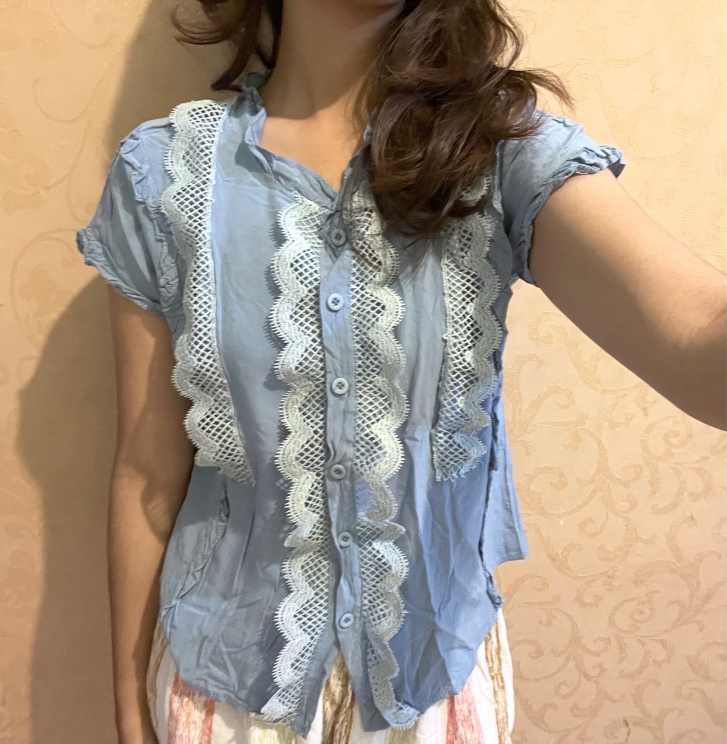 Blue renda korean top, Fesyen Wanita, Pakaian Wanita, Atasan di Carousell