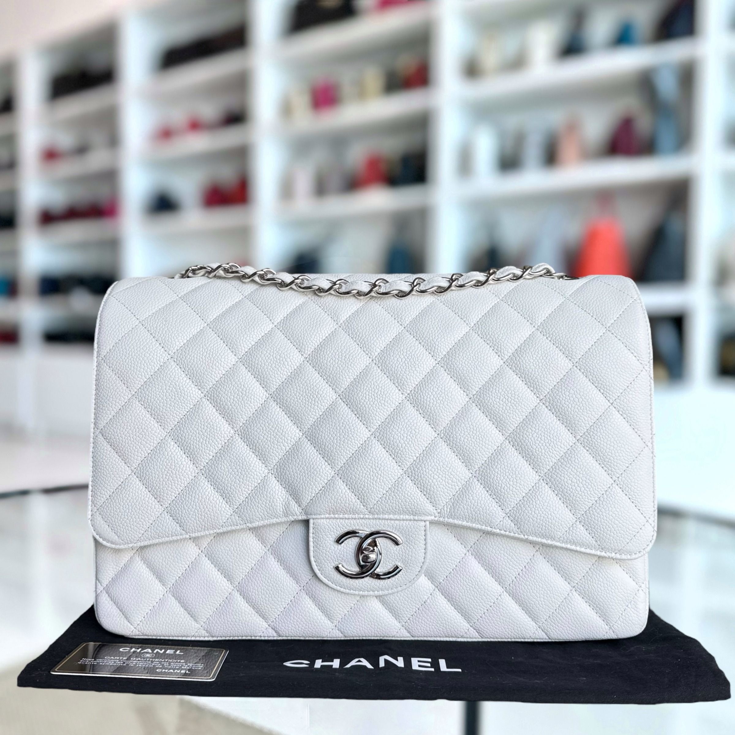 Chanel Classic Flap Maxi - Caviar Double Flap 33CM Quilted White Silver ...