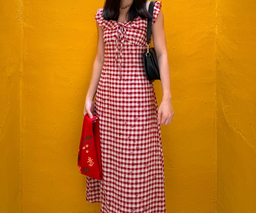 Red Gingham Ruffle Maxi / Midi Dress, Women's Fashion, Dresses & Sets ...