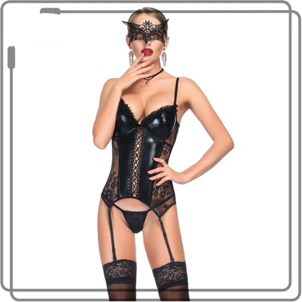C017- leather Sexy push up corset with garter/ lingerie set / bra set / undergarment, Women's ...