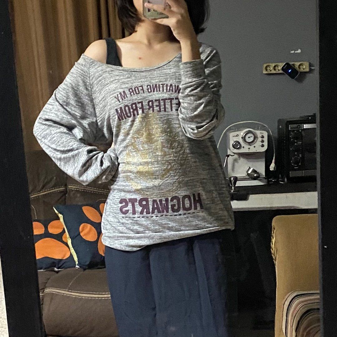 harry potter letter from hogwarts off shoulder top sweater grey sabrina long sleeve, Fesyen ...