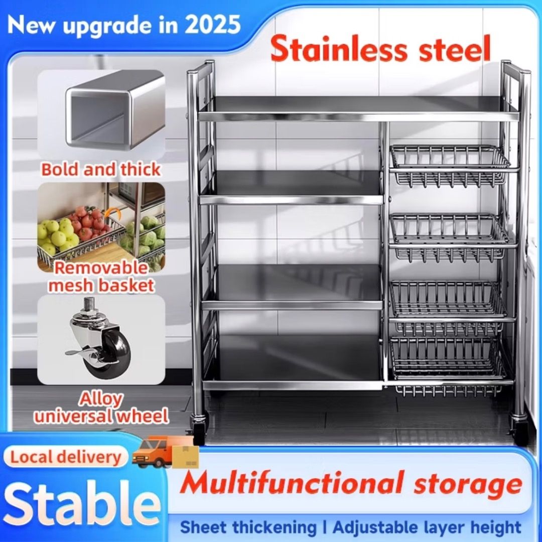 4 Layer Stainless Steel Kitchen Rack | Rolling Metal Shelf Organizer ...