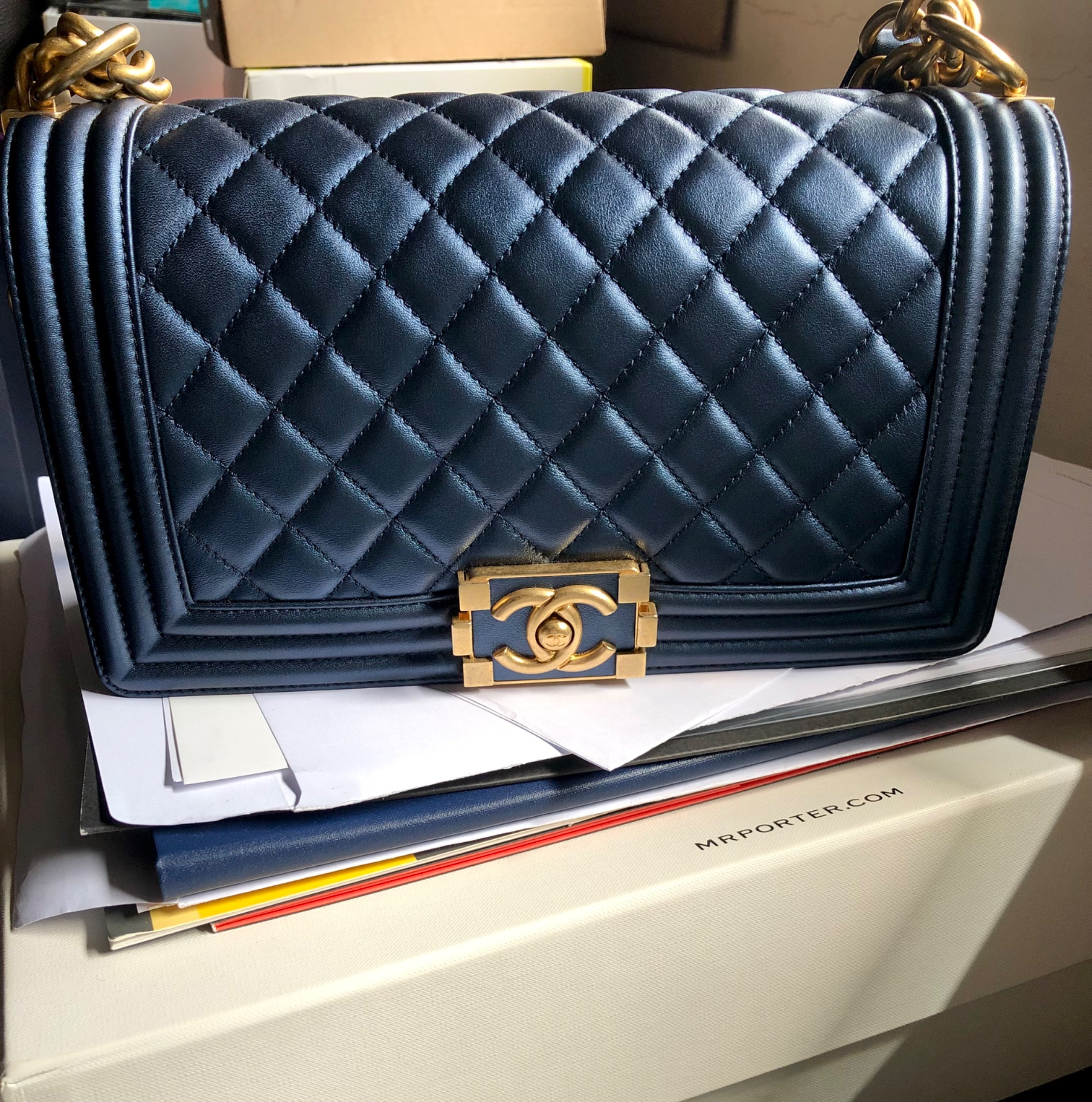 Chanel Boy Medium Blue Metallic Calfskin, Luxury, Bags & Wallets on ...