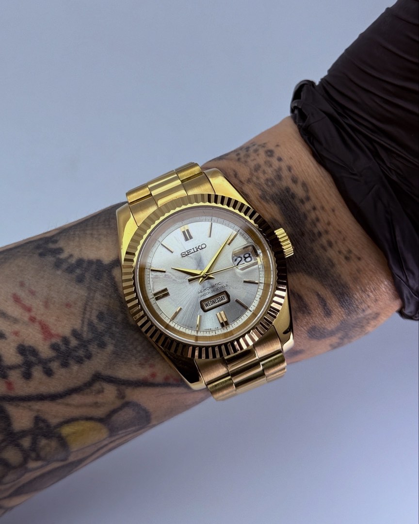 Custom Seiko Mod 39mm Gold Seikomatic Day-Date President Automatic ...