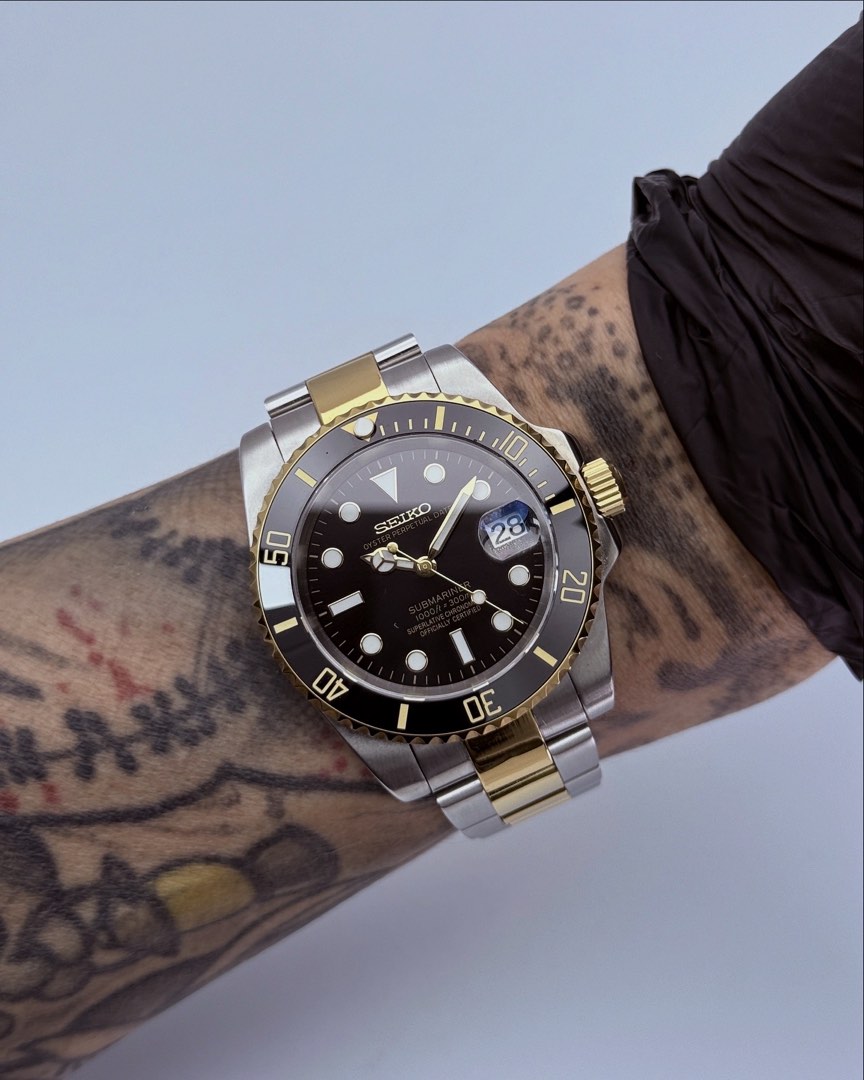 Custom Seiko Mod 40mm 2-Tone Black Gold Submariner (Ice Lume) Automatic ...