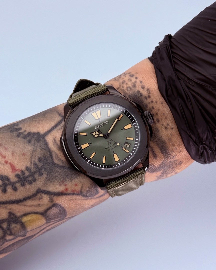 Custom Seiko Mod 42mm Army Olive Prospex Nautilus on Sail-Cloth Strap ...