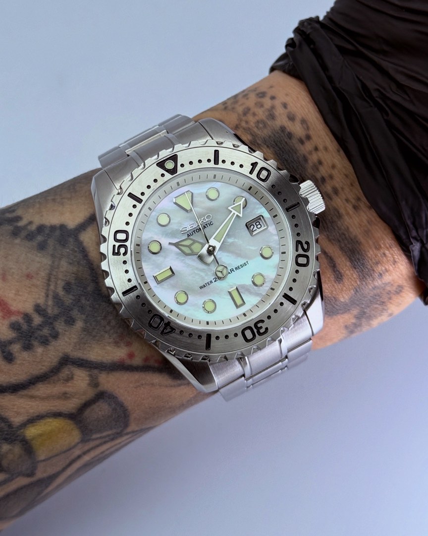 Custom Seiko Mod 44mm Premium White MOP GS Steel Diver Automatic Watch ...