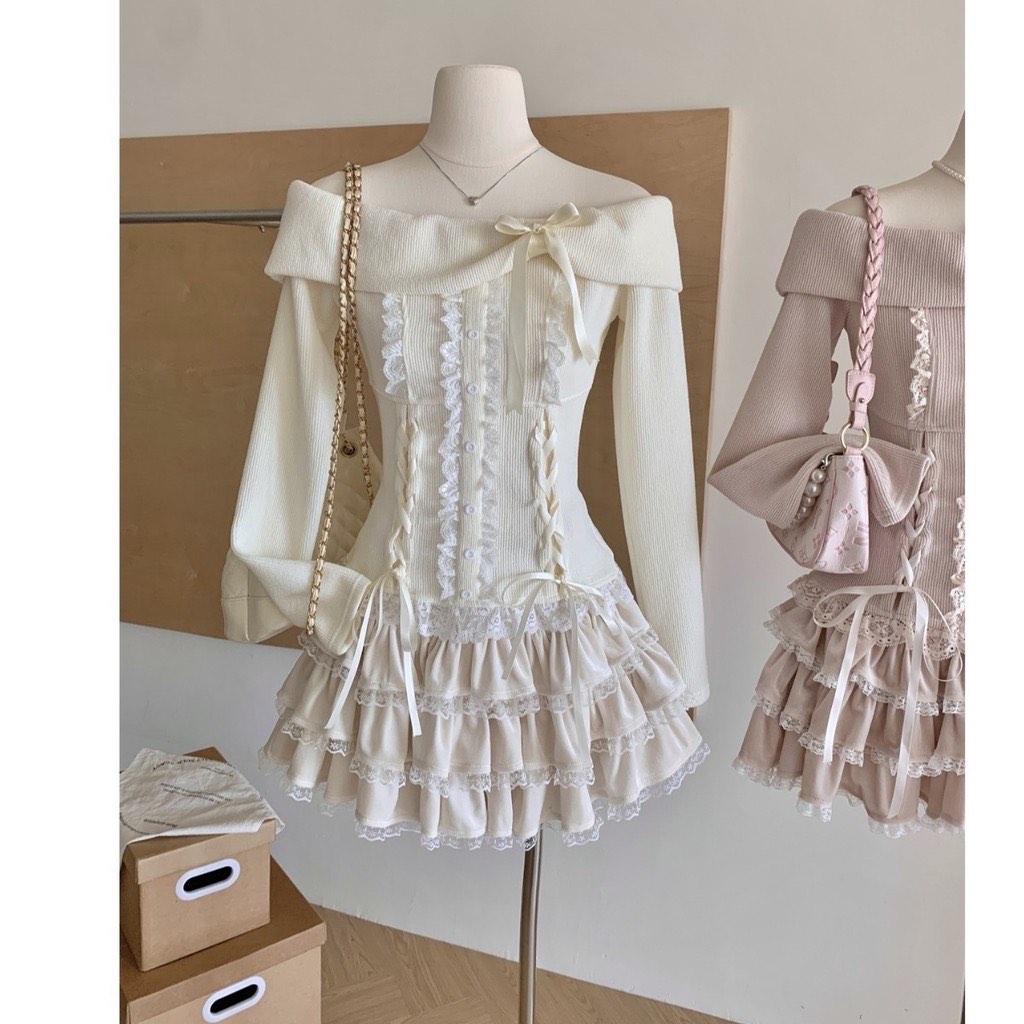 Frilly Doll Coquette Ribbon Longsleeve Top and Skirt Set, Women's ...