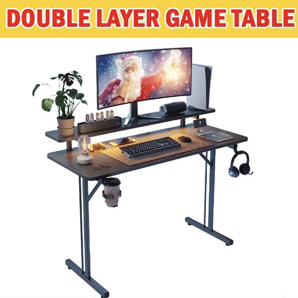 Gaming Desk With Shelf | Dual Monitor Game Desk | Multi Layer Computer ...