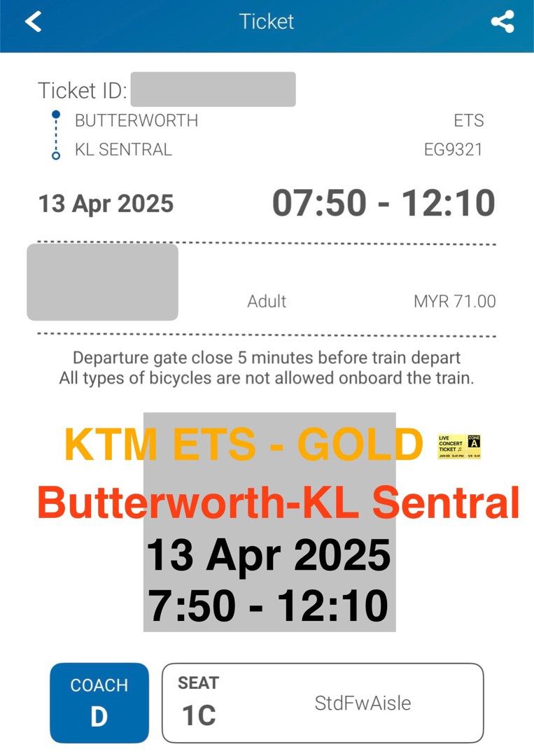 KTM ETS - Butterworth to KL Sentral Gold Ticket, Tickets & Vouchers ...