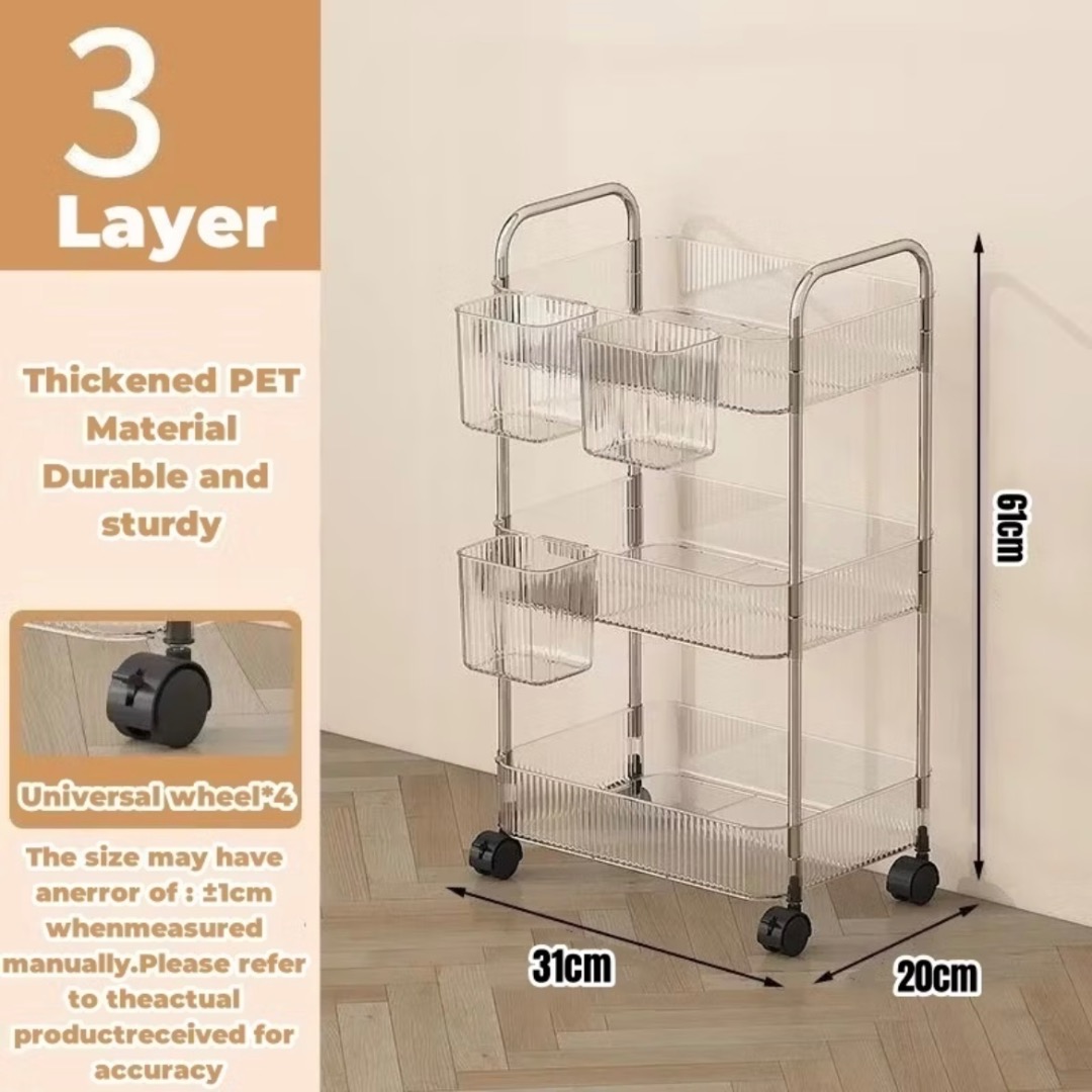 Transparent Rolling Trolley | 3-Tier Storage Rack With Wheels | Multi ...