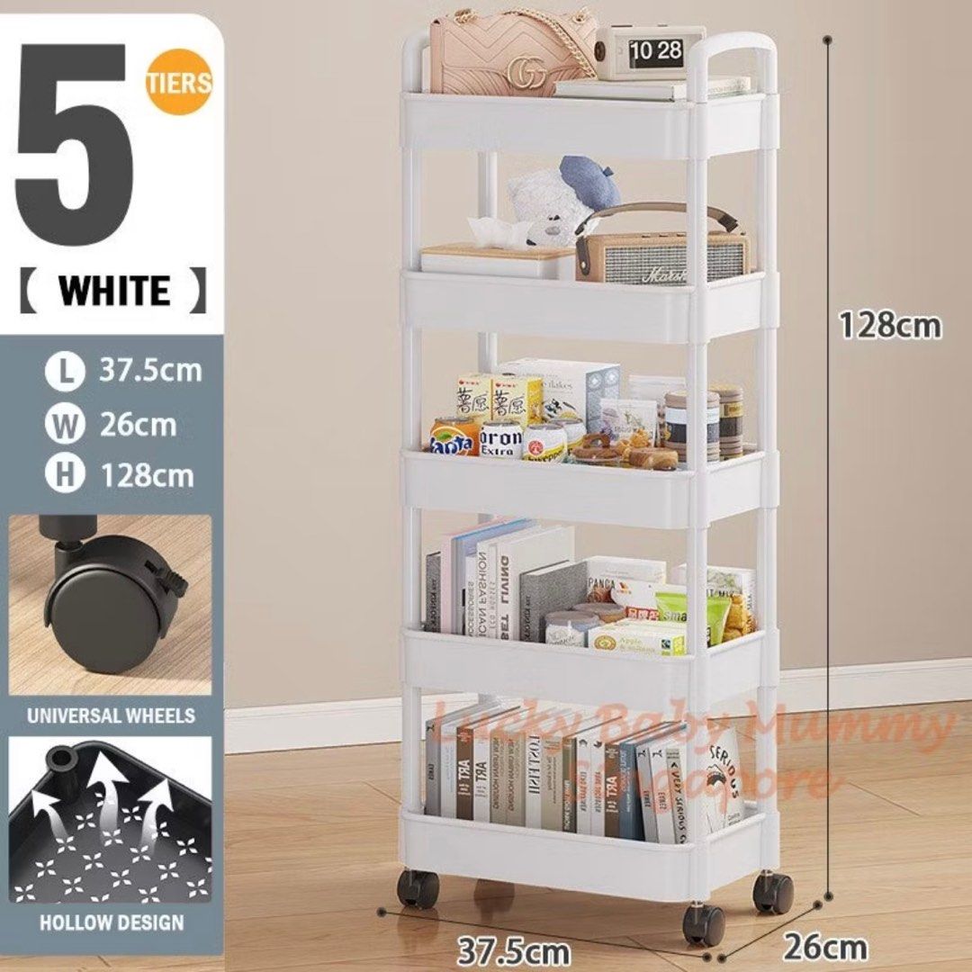 5-Tier Storage Rack With Wheels | Movable Slim Organizer Shelf Unit ...