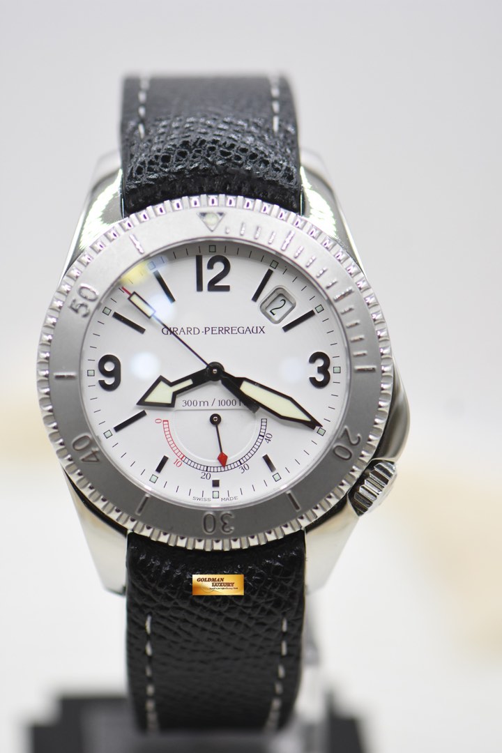 GIRARD PERREGAUX SEA HAWK II 40mm POWER RESERVE STEEL IN LEATHER STRAP ...