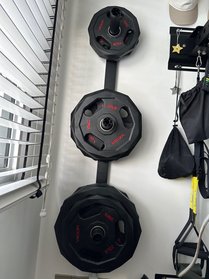 Olympic Hexagon Urethane Weight Plate Set with Wall Mounted Rack ...