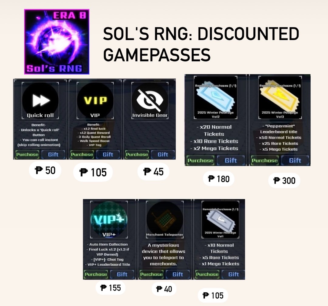 SOL'S RNG IN GAME DISCOUNTED GAMEPASSES GAMEPASS PASS PASSES VIP QUICK ...