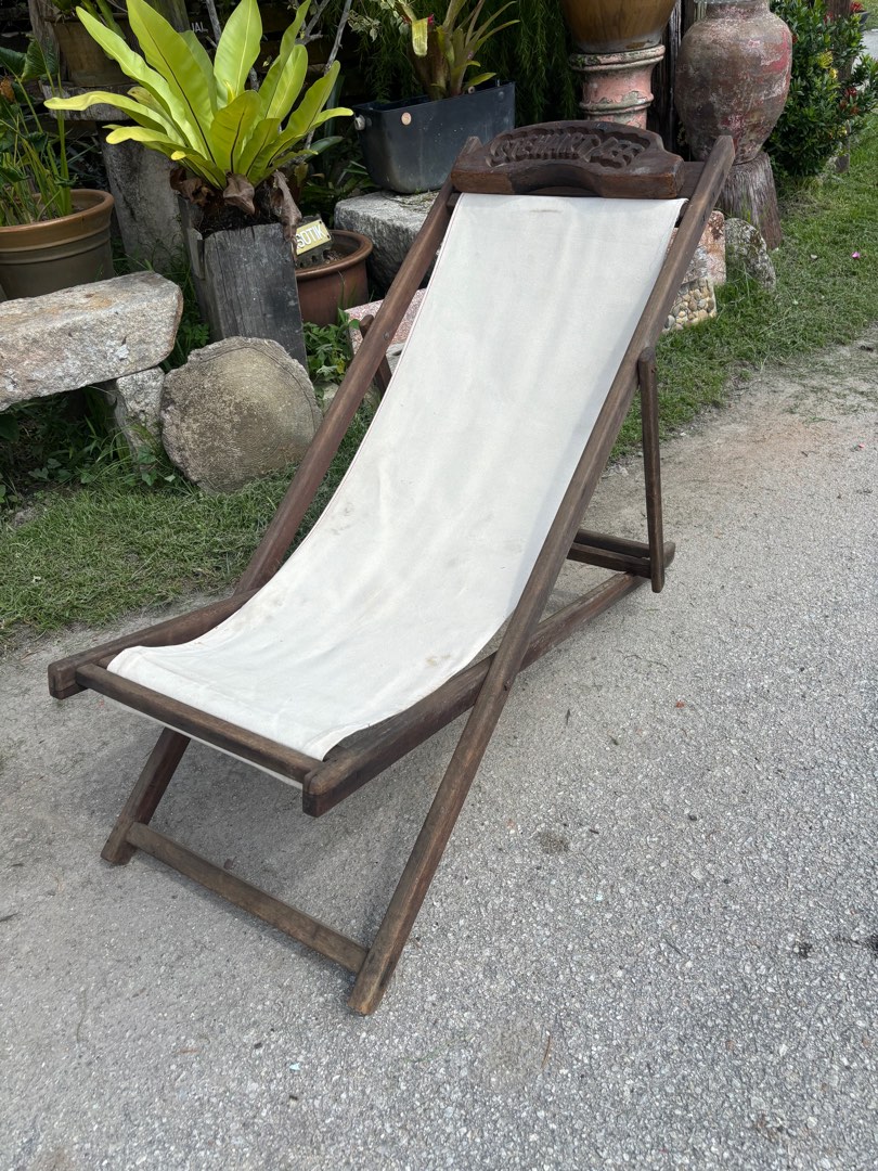 Vintage cengal foldable canvas relax/ lazy chair, Furniture & Home ...
