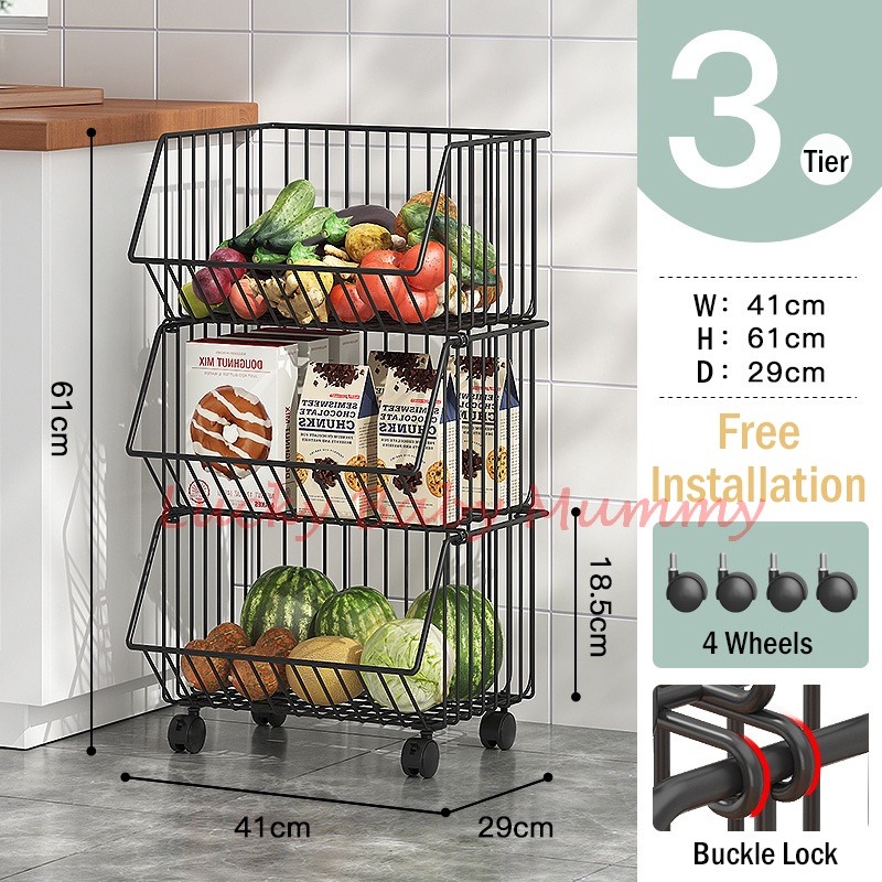 3 Tier Kitchen Basket Rack with Wheels Multipurpose Rack Storage Heavy ...