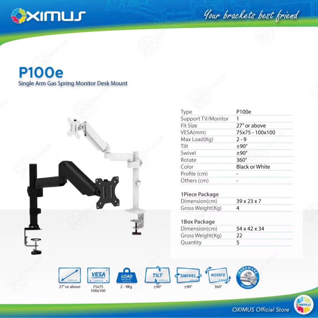 BRACKET MONITOR DESKMOUNT GAS SPRING OXIMUS P100e TILT SWIVEL ROTATE ...