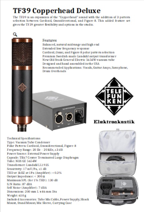 Telefunken-Elektroakustik TF39 Deluxe Copperhead Multi-pattern Vacuum Tube Condenser Microphone ...