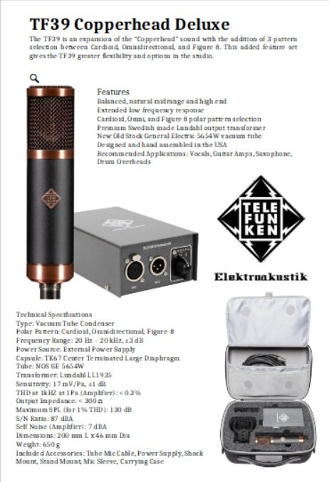 Telefunken-Elektroakustik TF39 Deluxe Copperhead Multi-pattern Vacuum Tube Condenser Microphone ...