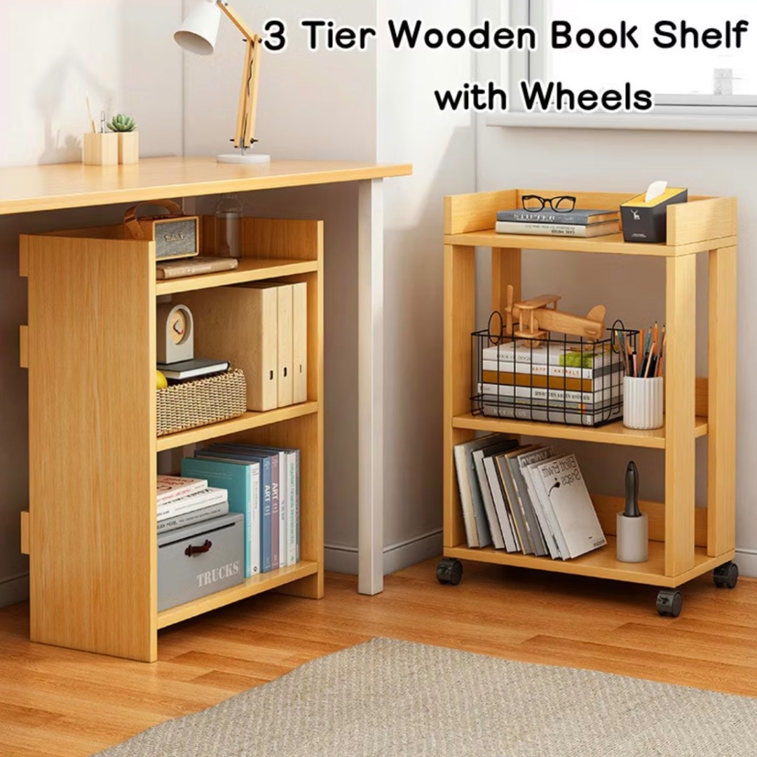 Wood Rolling Shelf | Office Storage Shelf | Mobile Display Rack | 3 ...