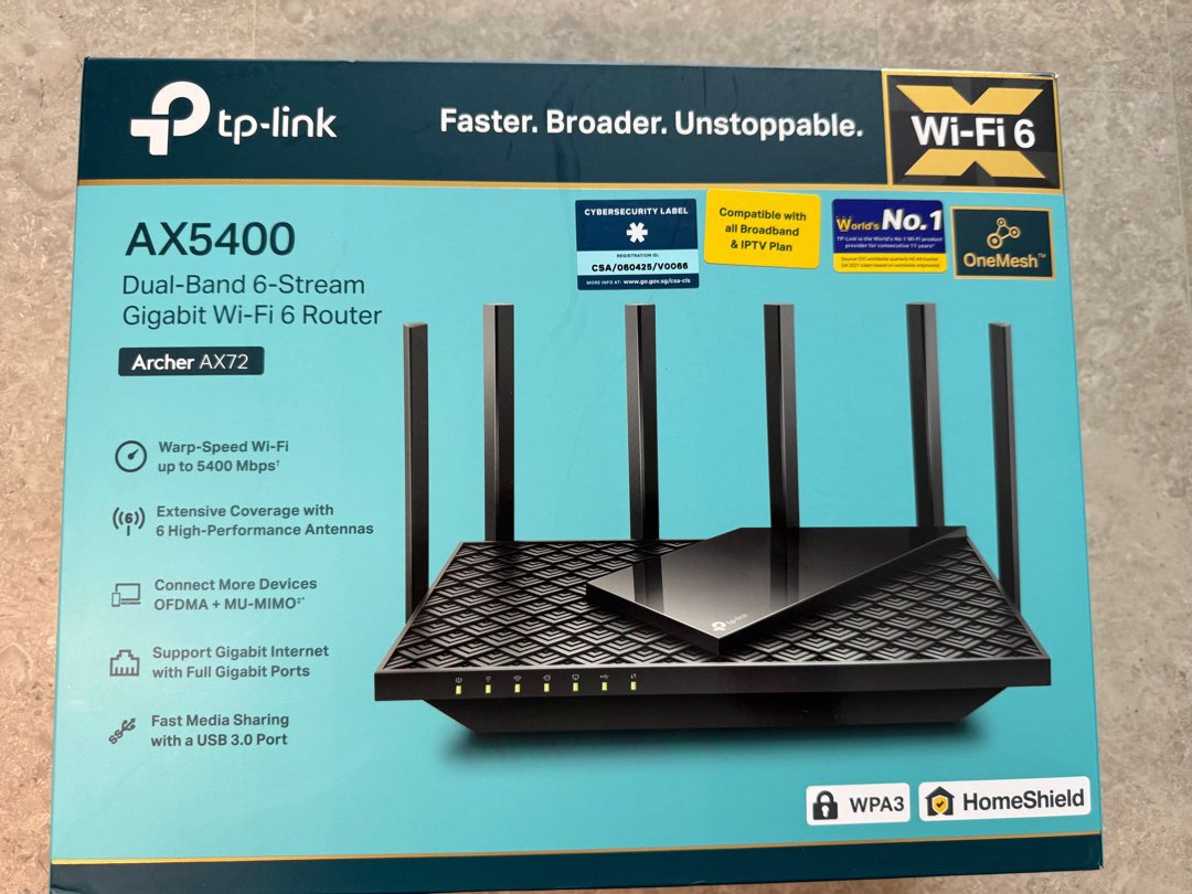 Brand New: TP- Link AX72 AX5400 Dual-Band Gigabit Wi-fi 6 Router, Black ...