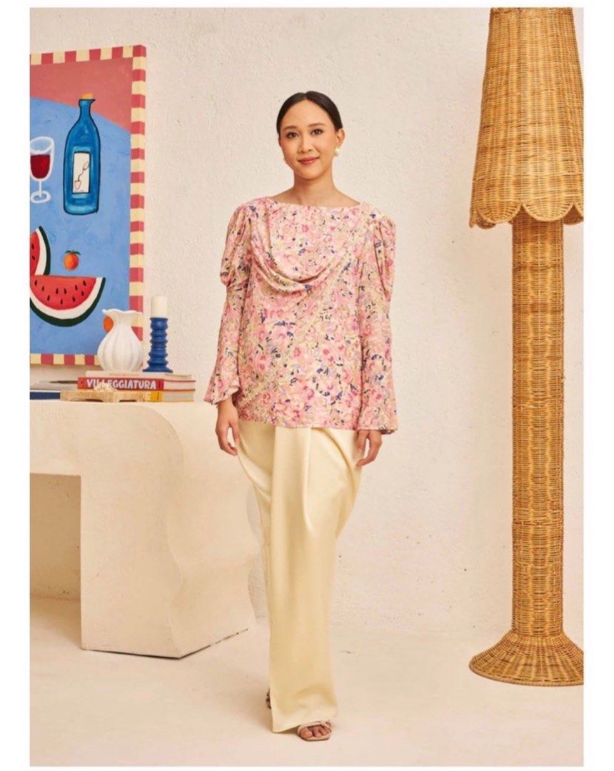 Hani Mokhta Flores Cowl Neck Blouse in Petal, Women's Fashion, Tops ...