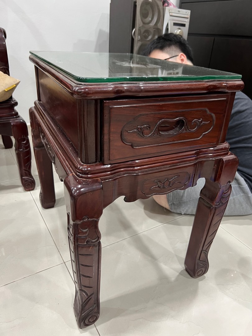 Chinese style side table with glass top cover, Furniture & Home Living ...