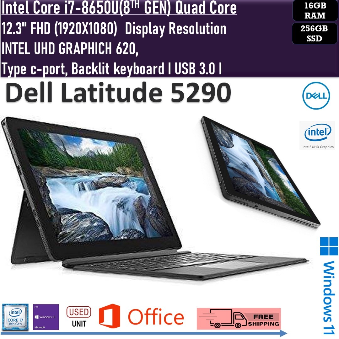 Dell Latitude 5290 2-in-1 Laptop, 12.3" FHD 5290 Tablet Intel Core 8th Gen i7-8650U, 16GB RAM ...