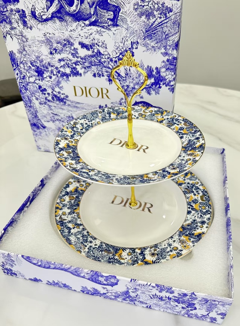 Dior Blue Gold Embroidered Double Layer Cake Plate, Furniture & Home ...