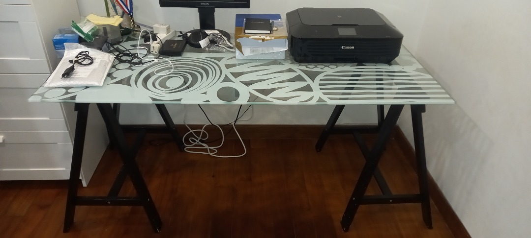 Glass top desk and office chair, Furniture & Home Living, Furniture ...