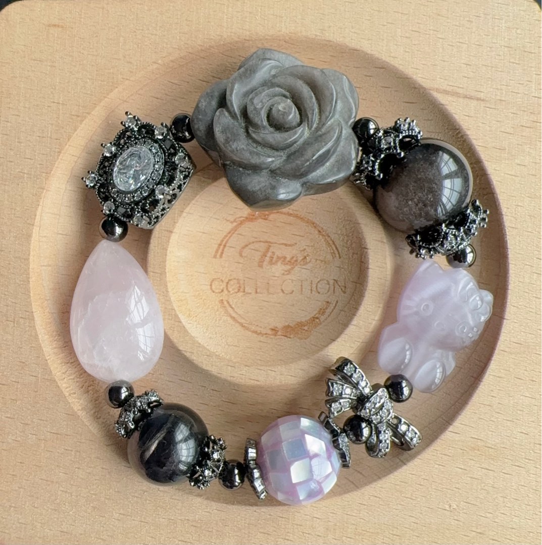 Silver Obsidian Rose Flower with Purple Cat Eye Hello Kitty, Kunzite ...