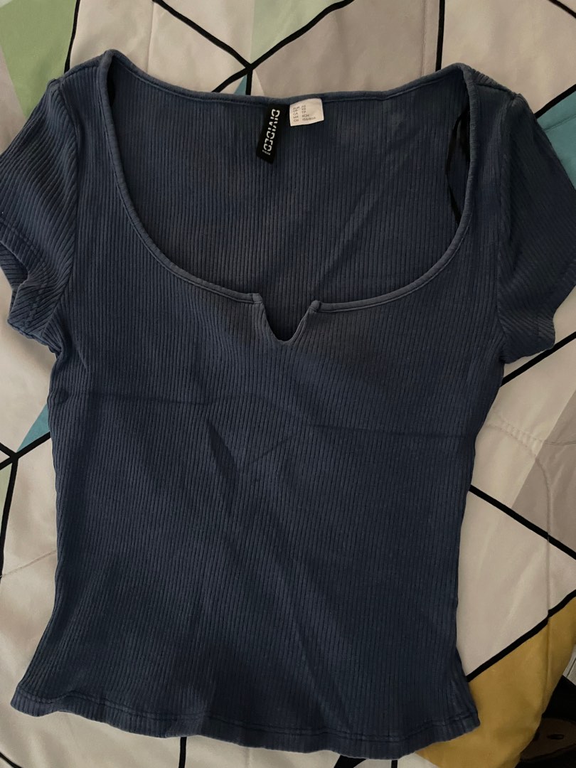 Blue Low Cut Tight Fitted Top, Women's Fashion, Tops, Shirts on Carousell