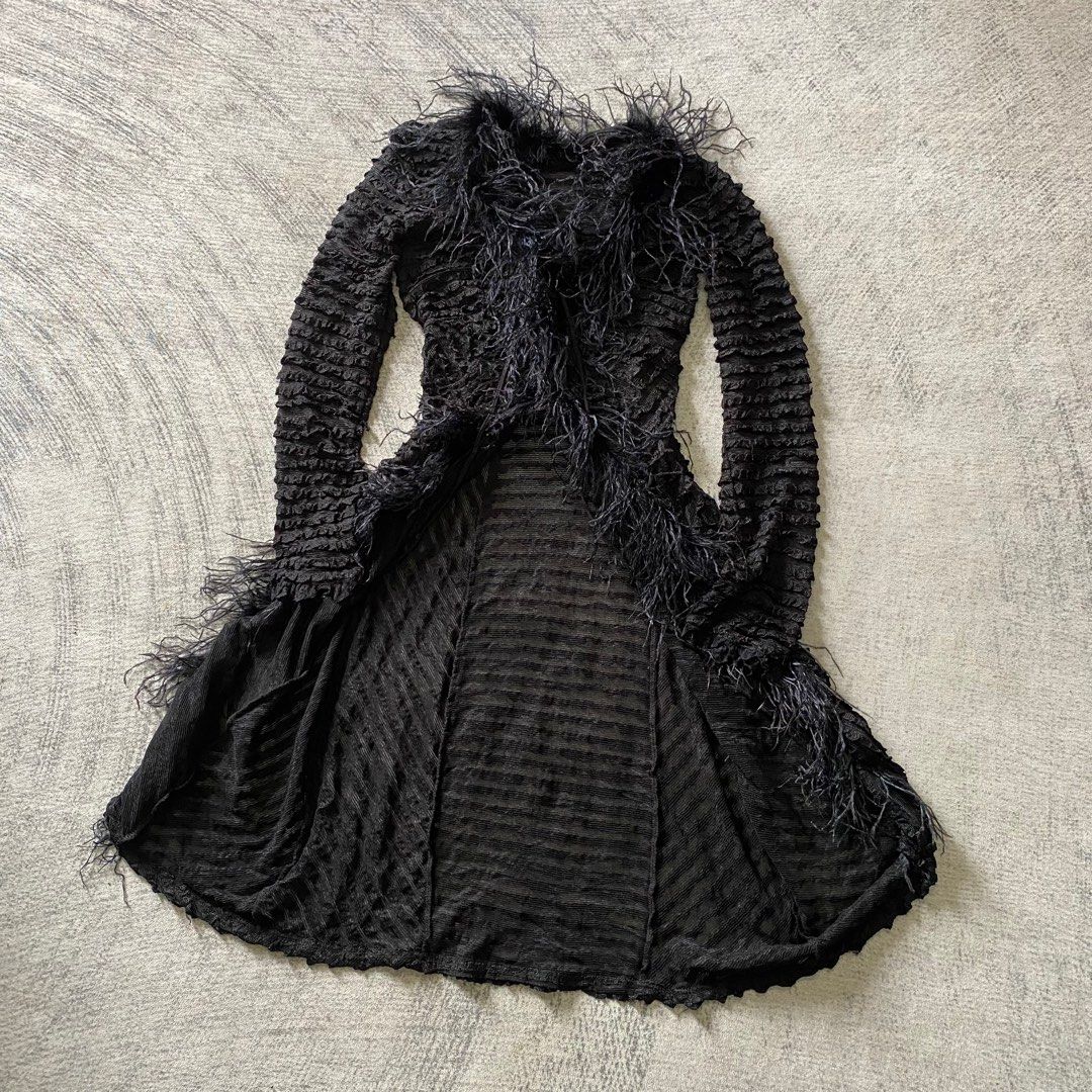 OZZ ON Japan Gothic Long Cardigan Dress Feathered Fringe Collar ...