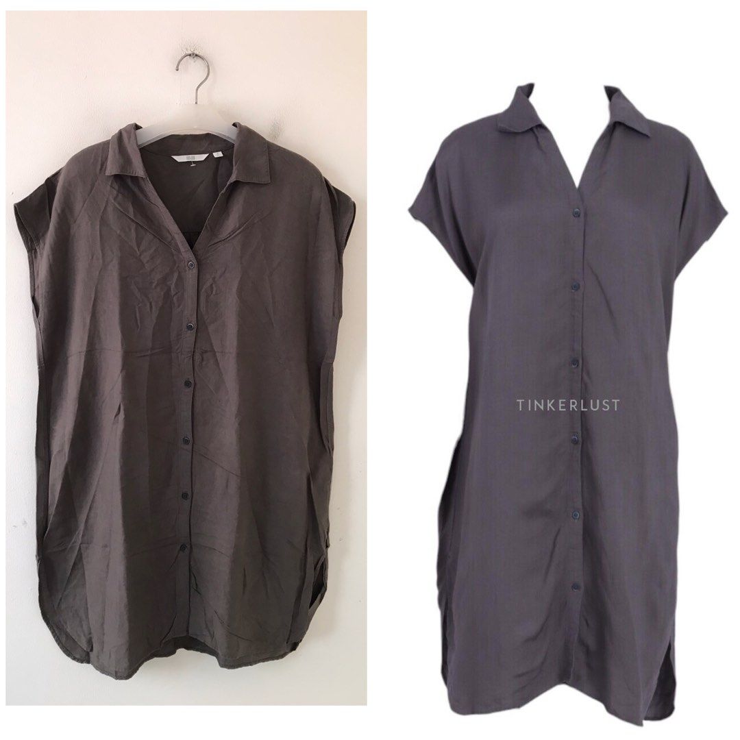 Uniqlo Tunik Dress Linen V-Neck in Dark Grey M, Fesyen Wanita, Pakaian ...