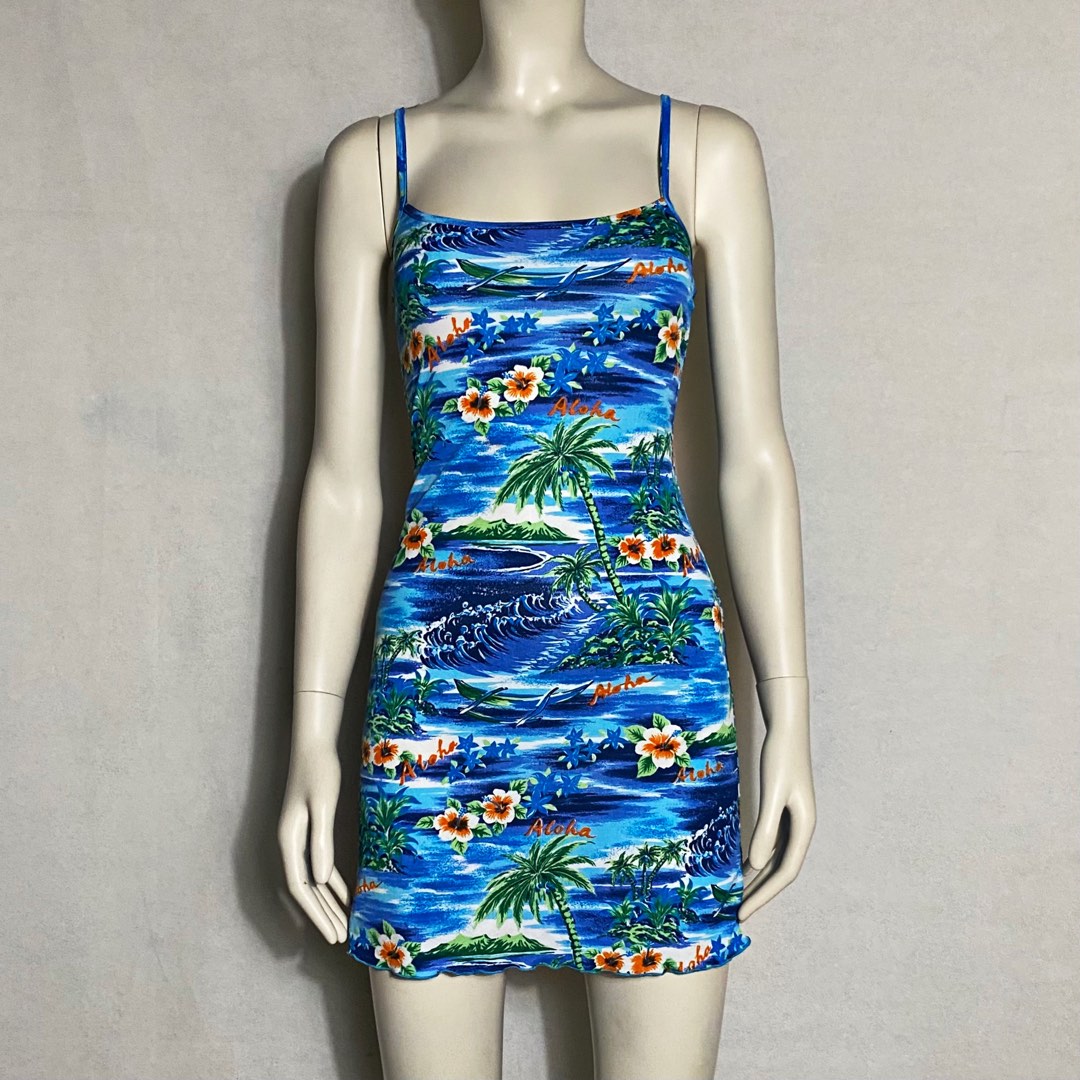 Aloha Tropical Coconut Girl Blue Summer Floral Lettuce Hem Bodycon Mini ...
