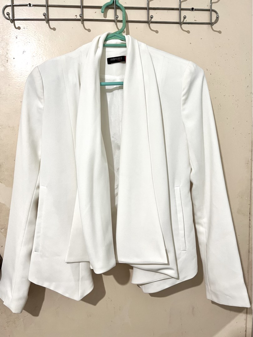 Blazer formal jacket waterfall open front, white, Women's Fashion ...