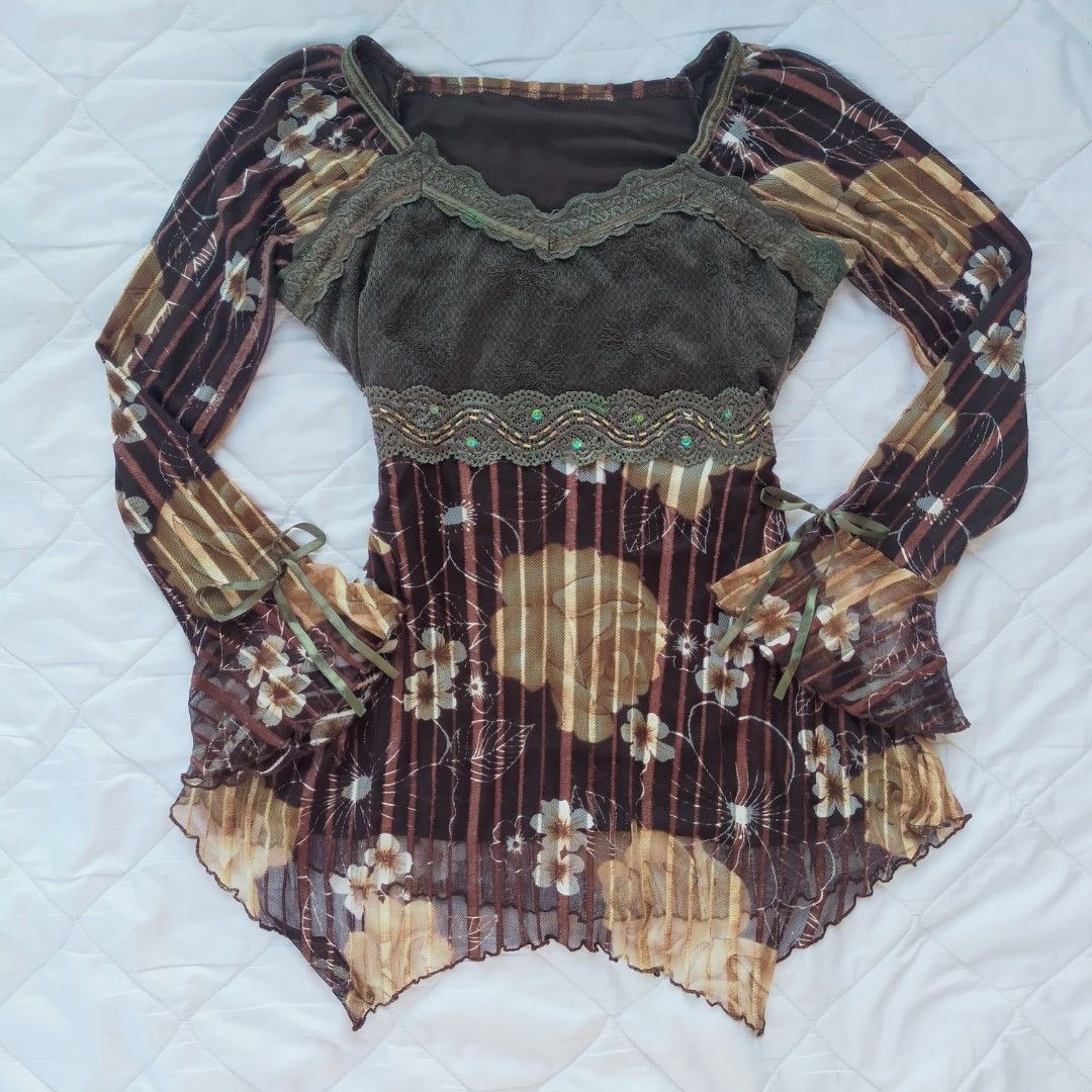 brown floral long sleeve lace top milkmaid coquette cottagecore ...
