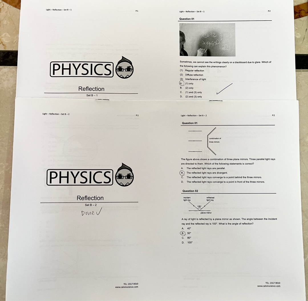 f3 Calvin Science PHYSICS Reflection and Refraction Exercises, 興趣及遊戲 ...