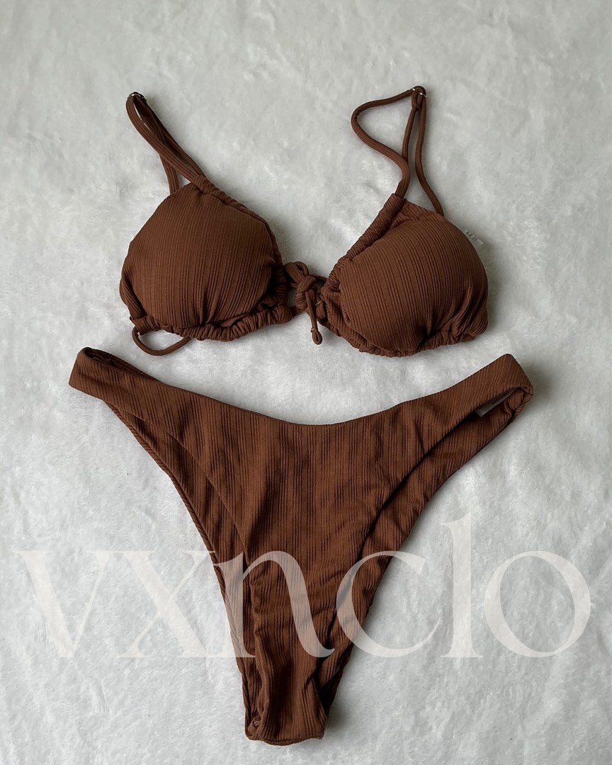 RARE TEXTURED CHOCO BROWN RIBBON TWO PIECE BIKINI, Women's Fashion ...