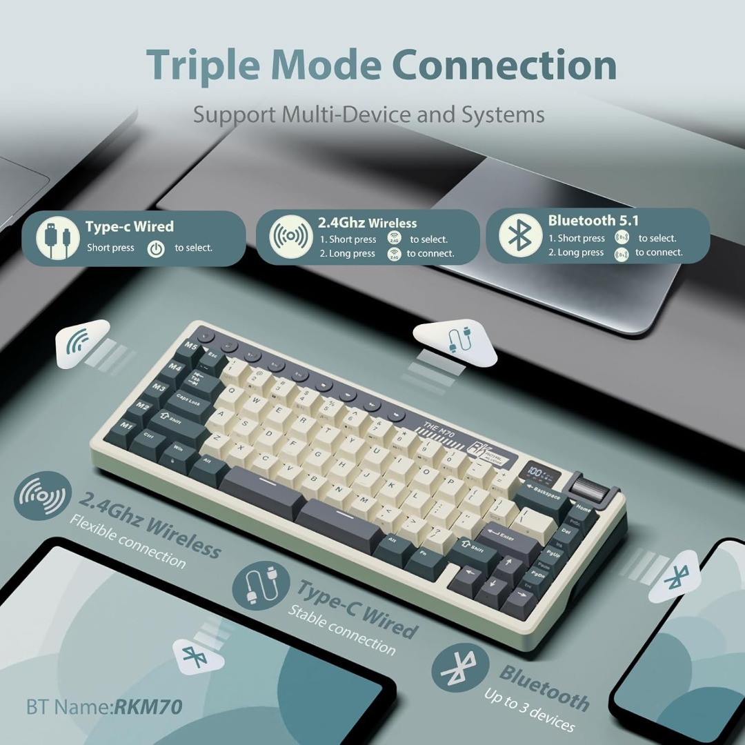 Royal Kludge RK M70 Tri-Mode Wireless Mechanical Keyboard - Macro Keys ...