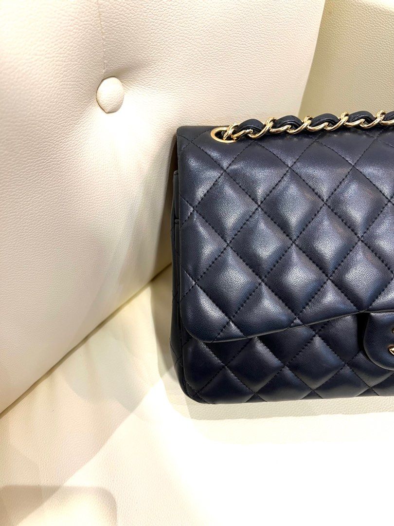 💯% Authentic Chanel Navy Blue Lambskin Quilted Jumbo Double Flap In GHW, Luxury, Bags & Wallets ...