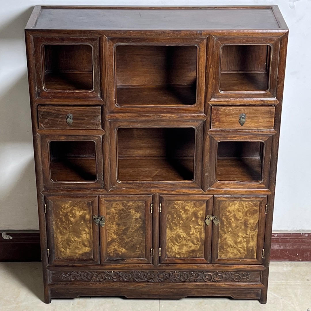 旧藏草花梨木镶影木门雕刻多抽收纳柜 Old Tibetan rosewood inlaid shadow wooden door carved multi-drawer storage ...