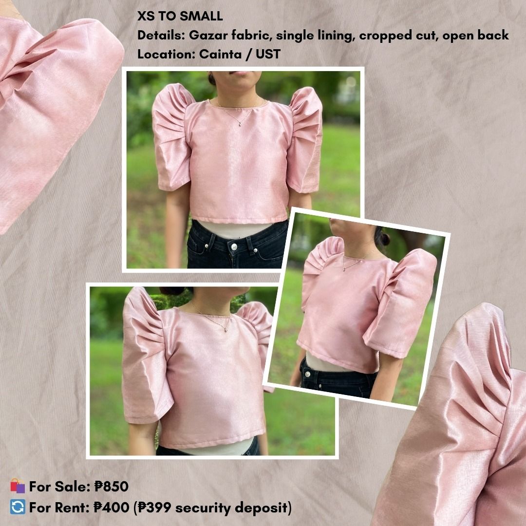 FOR SALE MEDIUM AND SMALL Blush Pink Gazar Open-Back Cropped Modern Filipiniana Top, Women's ...