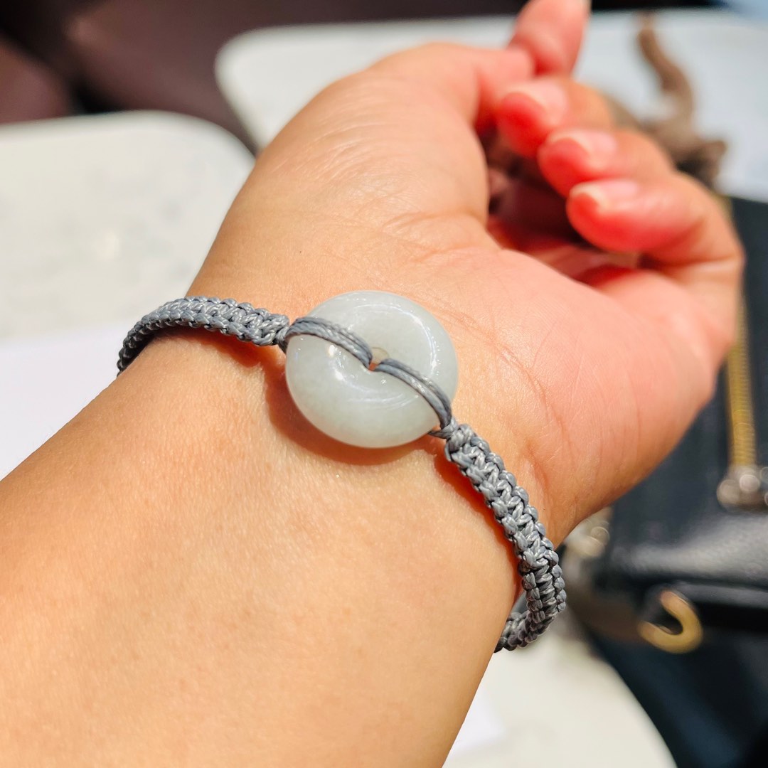 Gray bracelet with Genuine Milky White Safe Buckle/ Donut Jadeite ( Burmese Jade), Women's ...