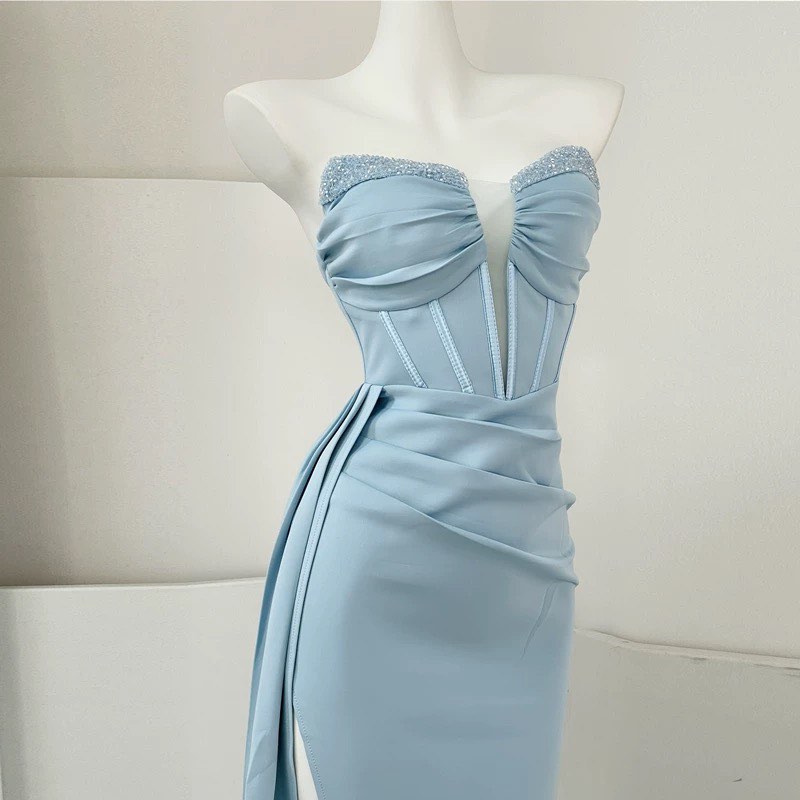 Light Blue Corset Style Evening Gown with Sequins, Women's Fashion ...