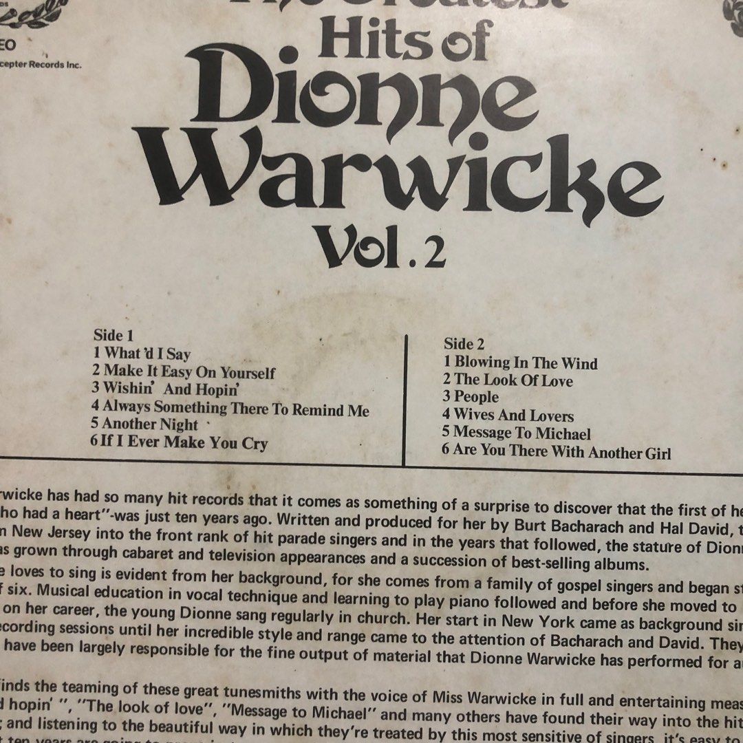 Lp - Dionne Warwick (Greatest Hits Vol 2), Hobbies & Toys, Music ...